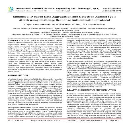 Irjet Enhanced Id Based Data Aggregation And Detection Against Sybil Attack Using Challenge