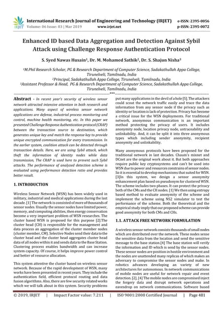 Irjet Enhanced Id Based Data Aggregation And Detection Against Sybil Attack Using Challenge