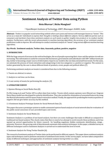 Irjet Sentiment Analysis Of Twitter Data Using Python Pdf