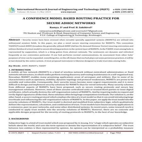 IRJET- A Confidence Model based Routing Practice for Secure Adhoc Networks | PDF
