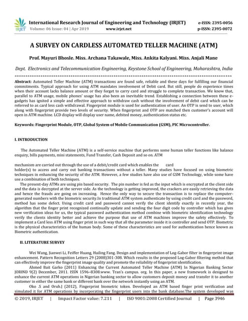 Irjet A Survey On Cardless Automated Teller Machine Atm Pdf