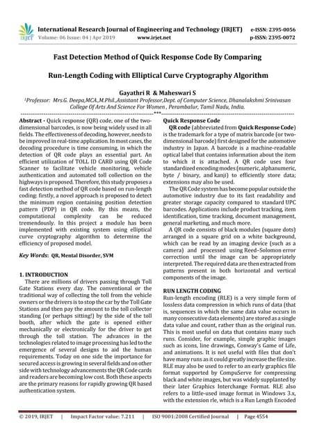 Irjet Fast Detection Method Of Quick Response Code By Comparing Run Length Coding With