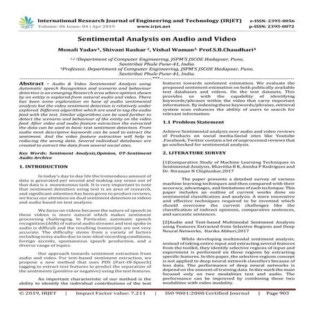 IRJET- Sentimental Analysis on Audio and Video | PDF | Digital Audio | Computer Software and ...