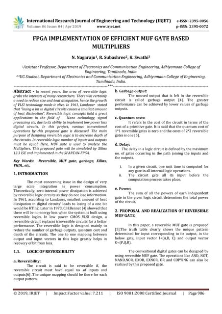 IRJET- FPGA Implementation of Efficient Muf Gate based Multipliers | PDF IRJET- FPGA Implementation of Efficient Muf Gate based Multipliers | PDF