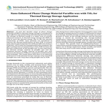 IRJET-Nano Enhanced Phase Change Material Paraffin Wax with Ti02 for Thermal Energy Storage ...