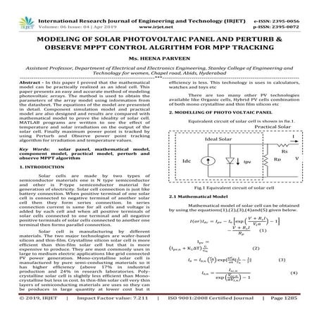IRJET- Modeling of Solar Photovoltaic Panel and Perturb & Observe MPPT Control Algrithm for MPP ...