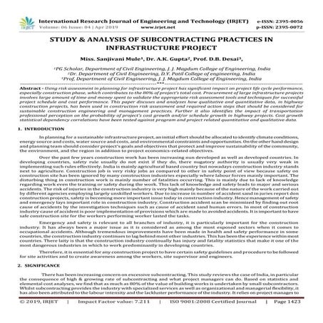 IRJET- Study & Analysis of Subcontracting Practices in Infrastructure Project | PDF