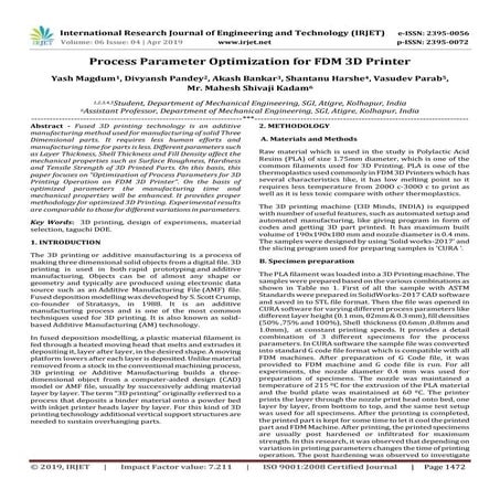 IRJET- Process Parameter Optimization for FDM 3D Printer | PDF