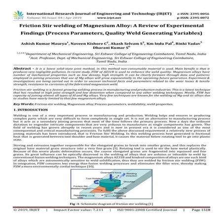IRJET- Friction Stir Welding of Magnesium Alloy: A Review of Experimental Findings (Process ...