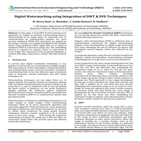 IRJET- Digital Watermarking using Integration of DWT & SVD Techniques | PDF | Web Design and ...