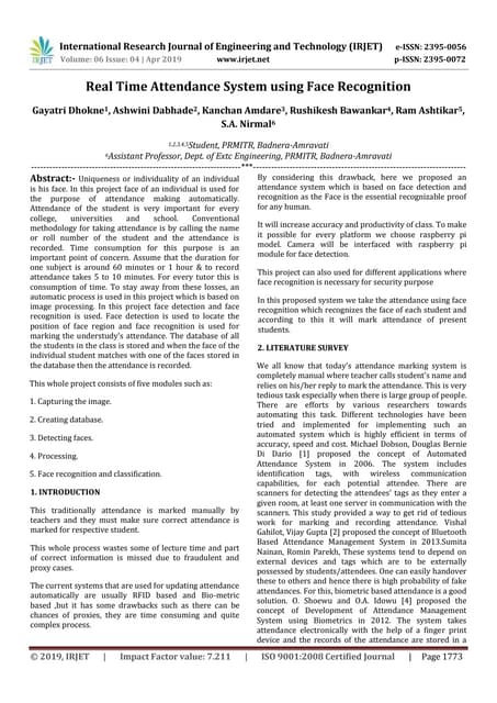 Irjet Real Time Attendance System Using Face Recognition Pdf
