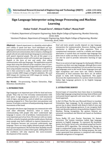Irjet Sign Language Interpreter Using Image Processing And Machine