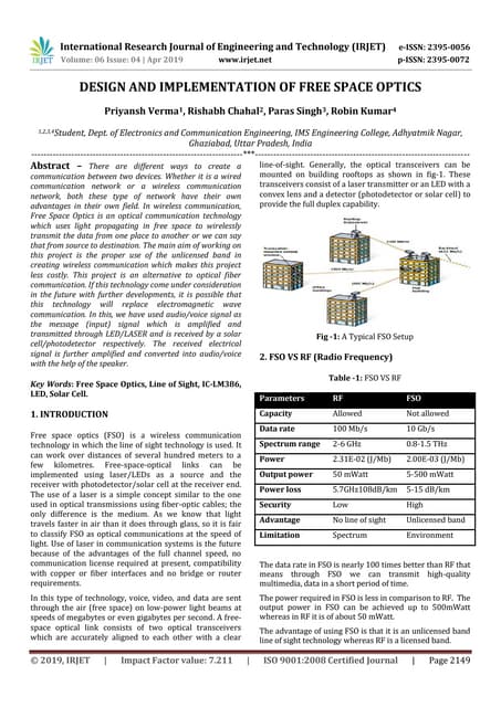 Irjet Design And Implementation Of Free Space Optics Pdf Digital