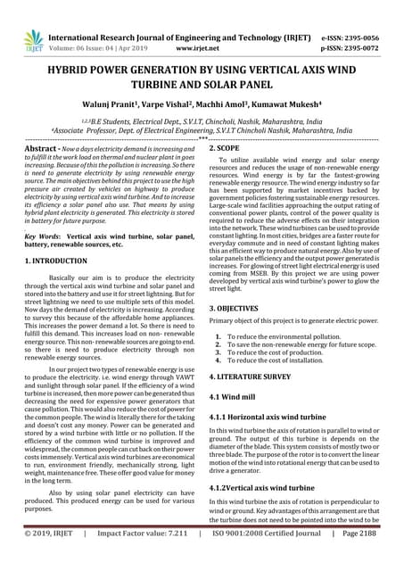 Irjet Hybrid Power Generation By Using Vertical Axis Wind Turbine And