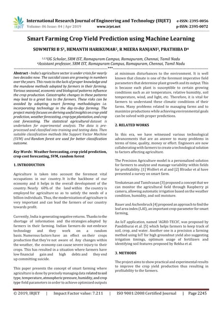 Irjet Smart Farming Crop Yield Prediction Using Machine Learning Pdf