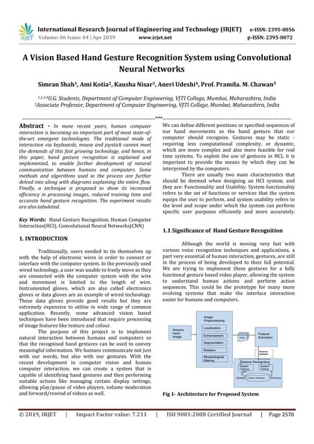 Irjet A Vision Based Hand Gesture Recognition System Using