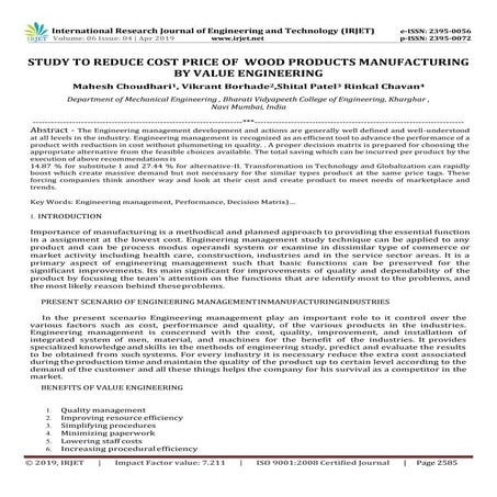 IRJET- Study to Reduce Cost Price of Wood Products Manufacturing by ...