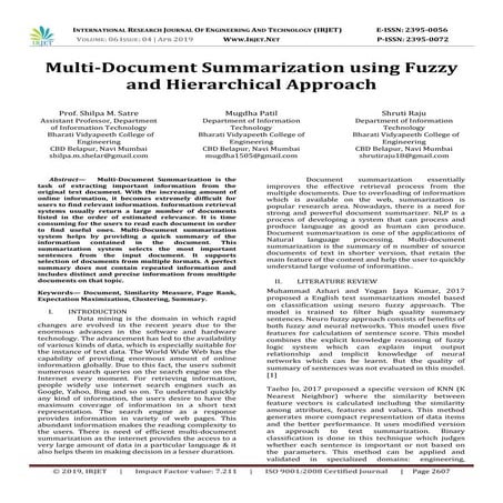Irjet Multi Document Summarization Using Fuzzy And Hierarchical