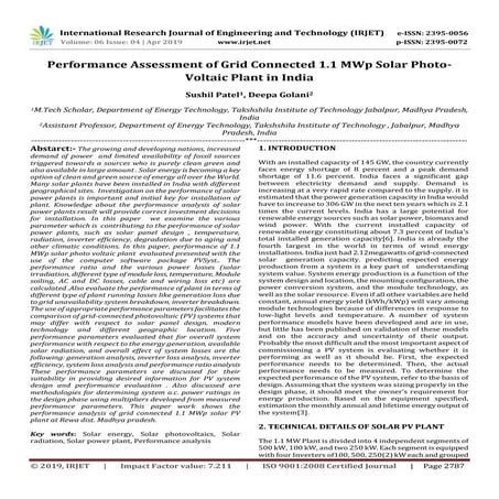 Irjet Performance Assessment Of Grid Connected 1 1 Mwp Solar Photo