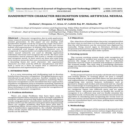 Irjet Handwritten Character Recognition Using Artificial Neural