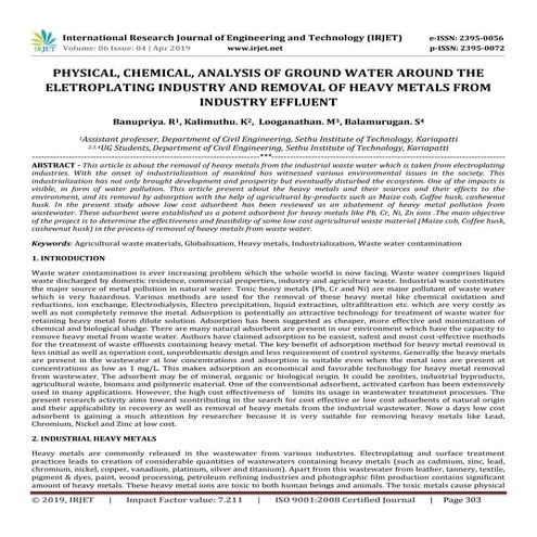 IRJET- Physical, Chemical, Analysis of Ground Water Around the Eletroplating Industry and ...