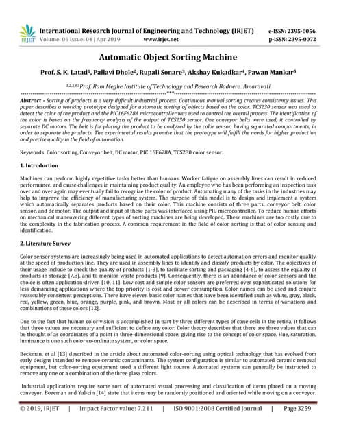 Irjet Automatic Object Sorting Machine Pdf Free Download
