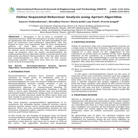 Irjet Online Sequential Behaviour Analysis Using Apriori Algorithm Pdf
