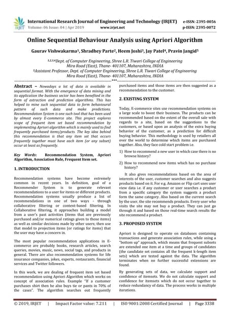 Irjet Online Sequential Behaviour Analysis Using Apriori Algorithm Pdf