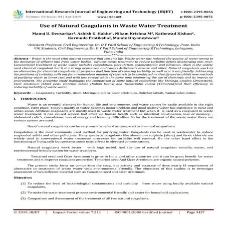 IRJET- Use of Natural Coagulants in Waste Water Treatment | PDF