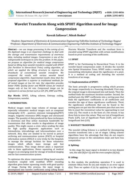 Irjet Wavelet Transform Along With Spiht Algorithm Used For Image Compression Pdf 6547