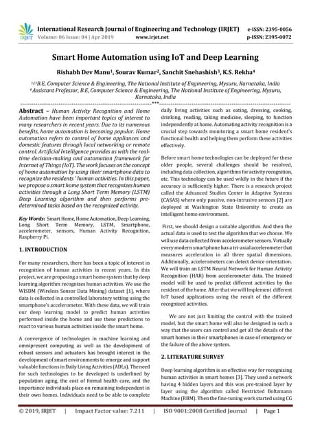 Irjet Smart Home Automation Using Iot And Deep Learning Pdf