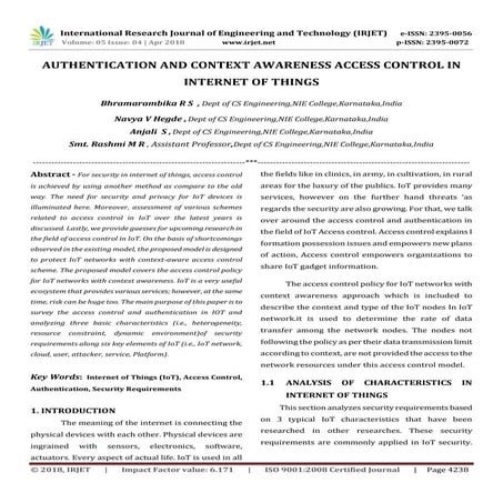 IRJET- Authentication and Context Awareness Access Control in Internet of Things | PDF