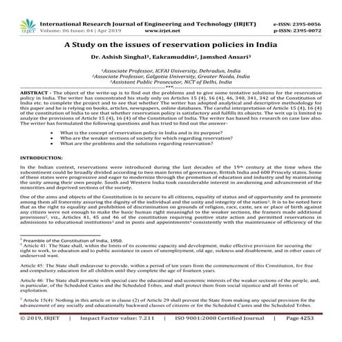 IRJET- A Study on the Issues of Reservation Policies in India | PDF