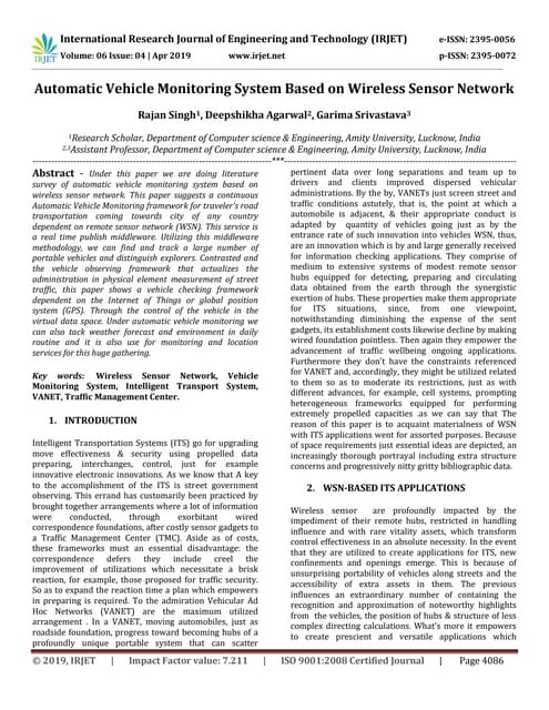 Irjet Automatic Vehicle Monitoring System Based On Wireless Sensor