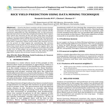 IRJET- Rice Yield Prediction using Data Mining Technique | PDF