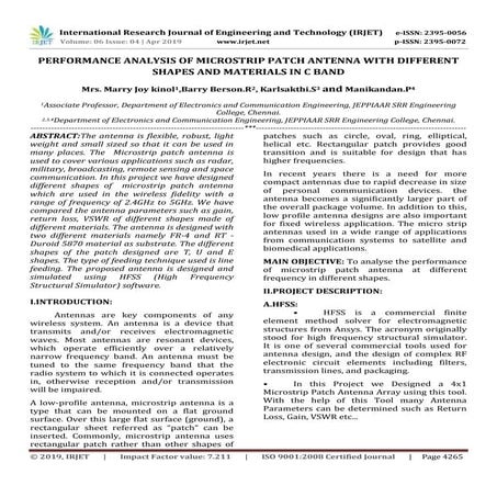 IRJET- Performance Analysis of Microstrip Patch Antenna with Different Shapes and Materials in C ...