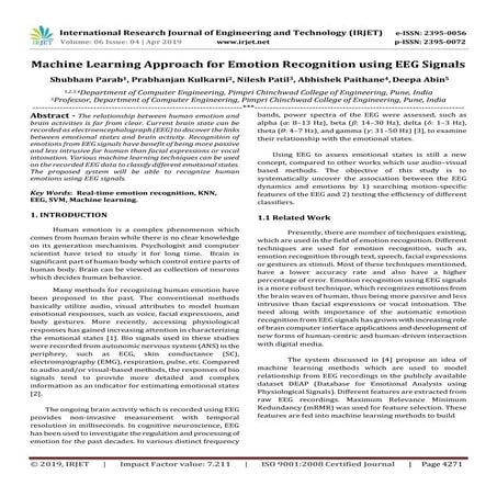 Irjet Machine Learning Approach For Emotion Recognition Using Eeg