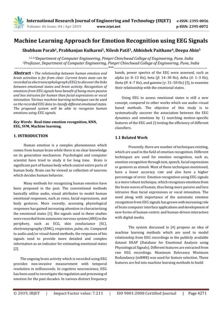 Irjet Machine Learning Approach For Emotion Recognition Using Eeg