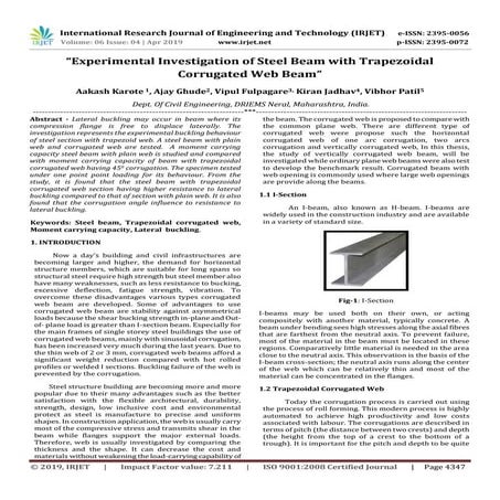 IRJET- Experimental Investigation of Steel Beam with Trapezoidal Corrugated Web Beam | PDF | Web ...