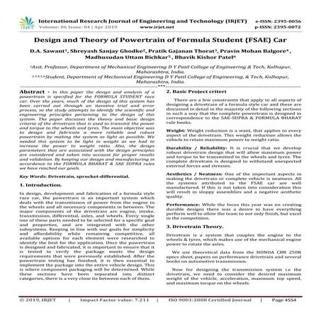 IRJET- Design and Theory of Powertrain of Formula Student {FSAE} Car | PDF