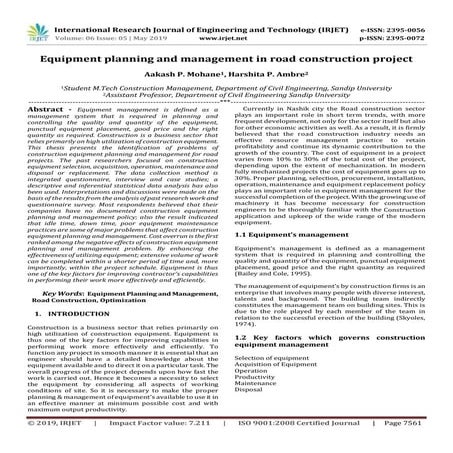 IRJET- Equipment Planning and Management in Road Construction Project | PDF