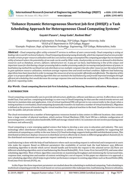 Irjet Enhance Dynamic Heterogeneous Shortest Job first Dhsjf A Task Scheduling Approach For