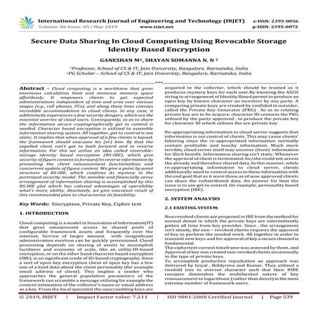 Irjet Secure Data Sharing In Cloud Computing Using Revocable Storage Identity Based Encryption