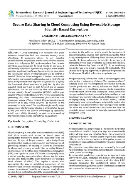 Irjet Secure Data Sharing In Cloud Computing Using Revocable Storage Identity Based Encryption