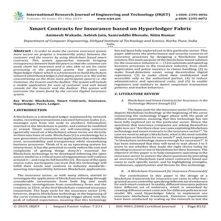 IRJET- Smart Contracts for Insurance based on Hyperledger Fabric | PDF