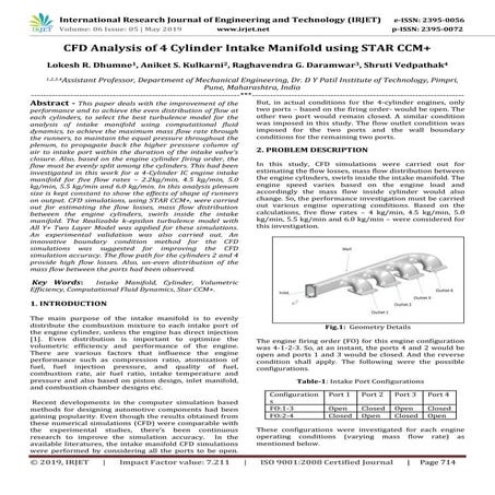 IRJET- CFD Analysis of 4 Cylinder Intake Manifold using STAR CCM+ | PDF