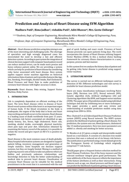 Irjet Prediction And Analysis Of Heart Disease Using Svm Algorithm Pdf