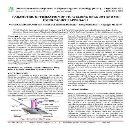 Irjet Parametric Optimization Of Tig Welding On Ss 304 And Ms Using Taguchi Approach Pdf
