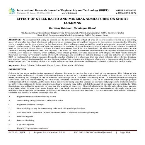 IRJET- Effect of Steel Ratio and Mineral Admixtures on Short Columns | PDF