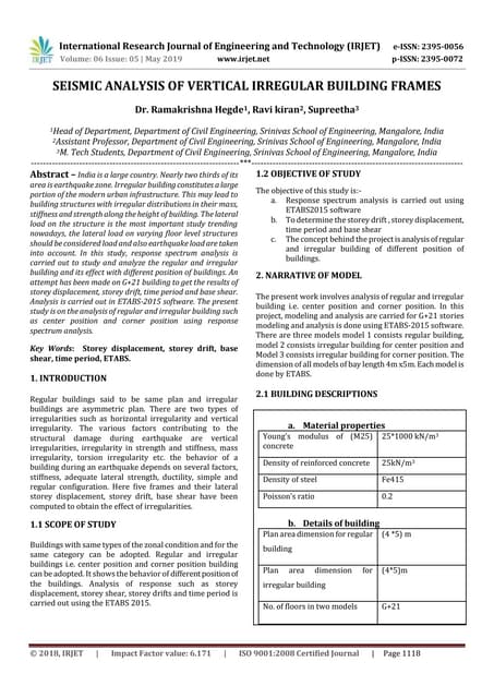 Irjet Seismic Analysis Of Vertical Irregular Building Frames Pdf